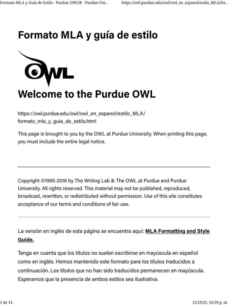 Formato MLA y Guía de Estilo - Purdue OWL® - Purdue University | PDF