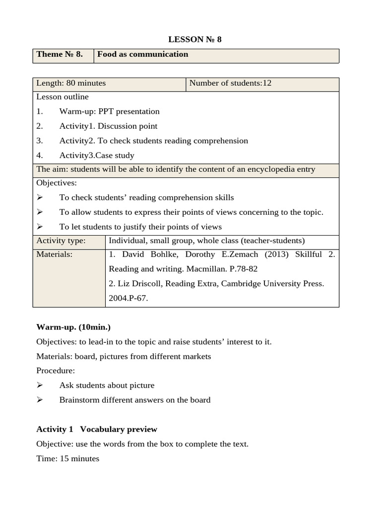 Food as Communication Lesson Plan | PDF | Reading Comprehension | Cognition