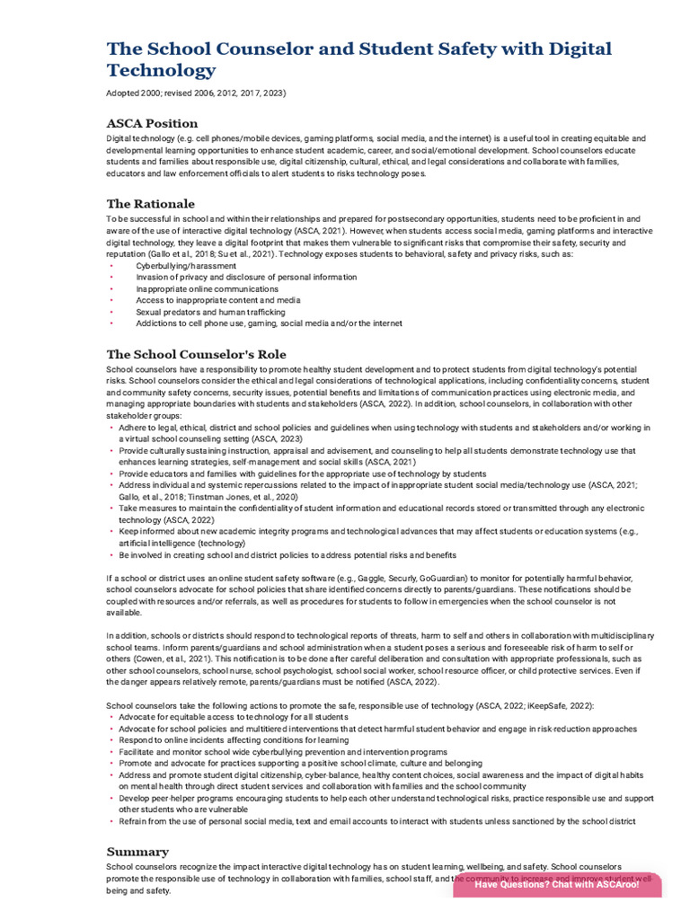 The School Counselor and Student Safety With Digital Technology ...