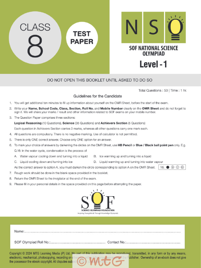 NSO Level 1 Class 8 Test Paper Set 9 | PDF