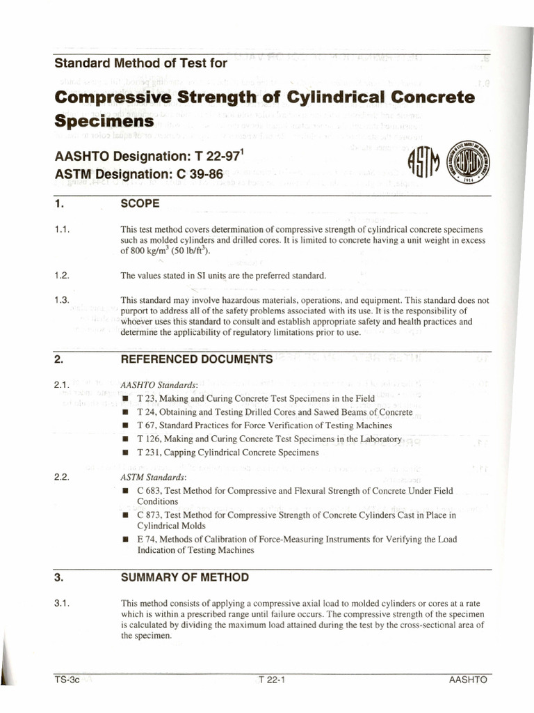 T22-97,C39-86,Compressive Strength of Cyclindrical Concrete Specimens | PDF