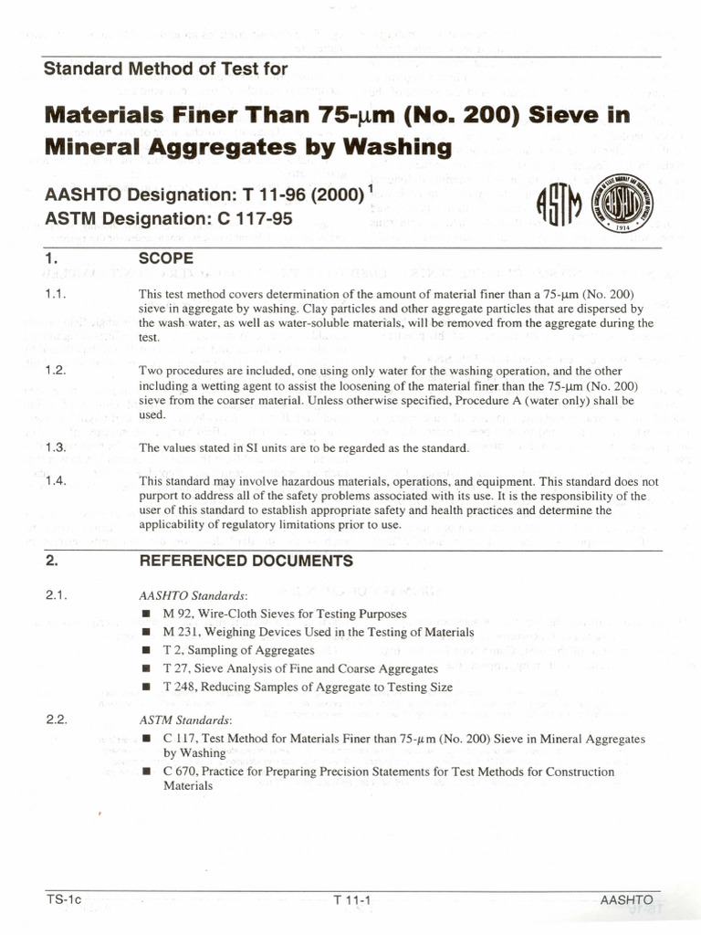 T11-96, C117-95 Materials Finer Than 75um (No, 200) Sieve Mineral ...