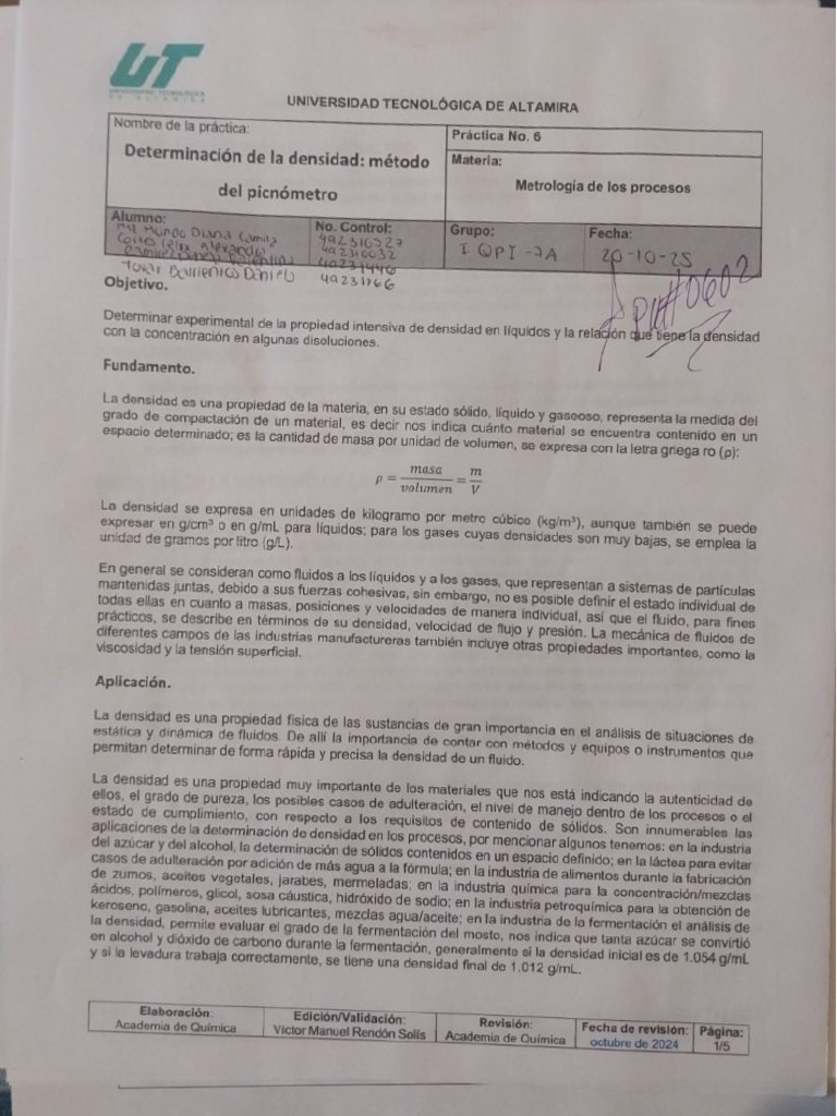 Practice - PR6U2 Determinaci-N de La Densidad (22 Oct 2025 A La(s) 12-03) | PDF