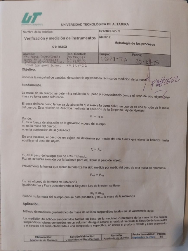 Practice - PR5U2 Verificaci-N y Medici-N de Instrumentos de Masa (22 Oct 2025 A La(s) 12-05) | PDF