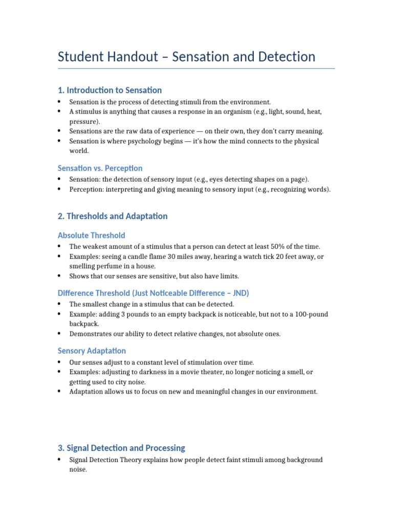 Student Handout - Sensation and Detection | PDF