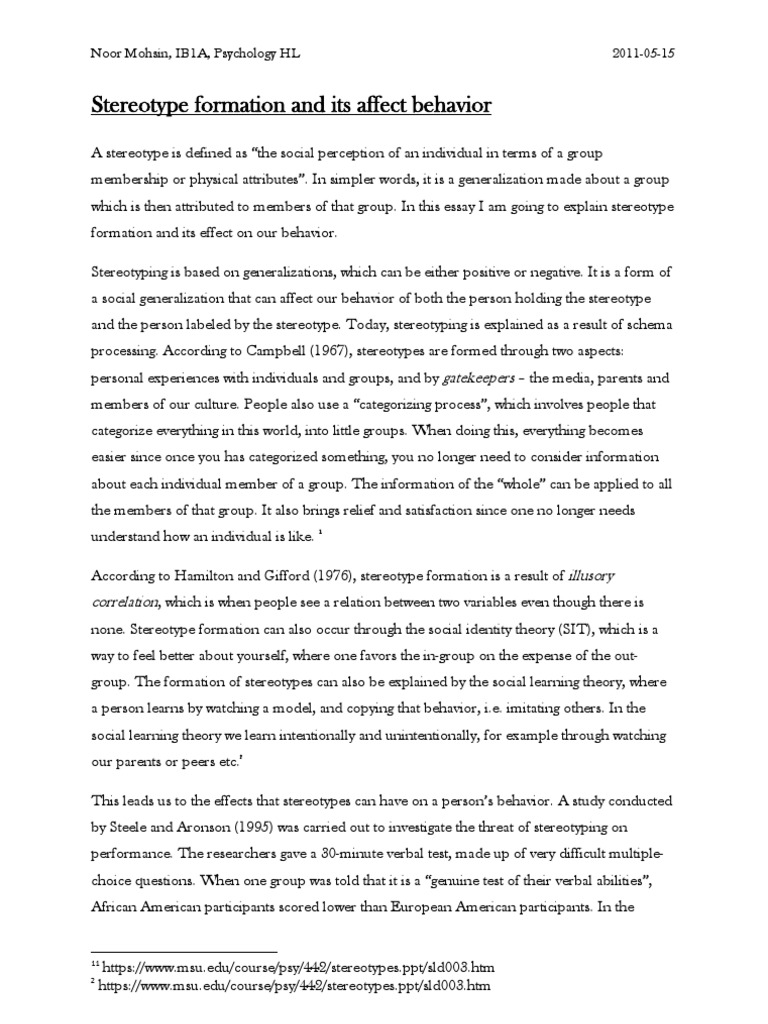 IB Psychology - Stereotype Formation | PDF | Stereotypes ...