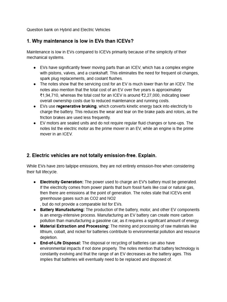 Question Bank On Hybrid and Electric Vehicles | PDF | Electric Vehicle ...