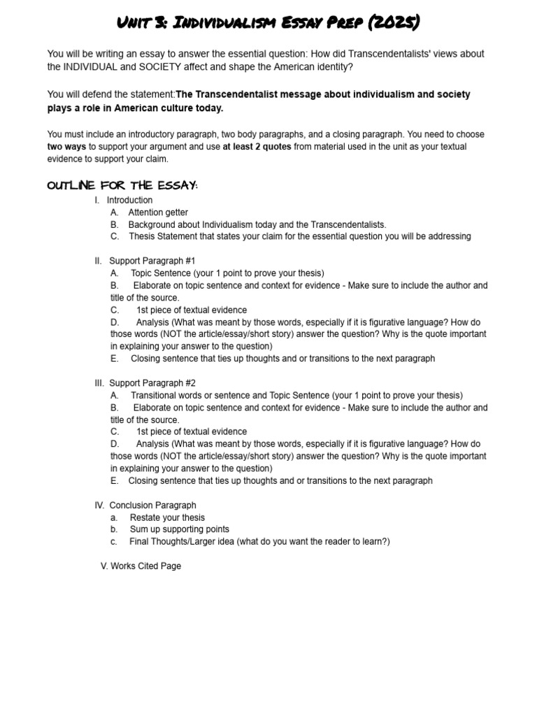 Individualism Unit Essay Prompt Prep-2025 | PDF | Essays | Paragraph
