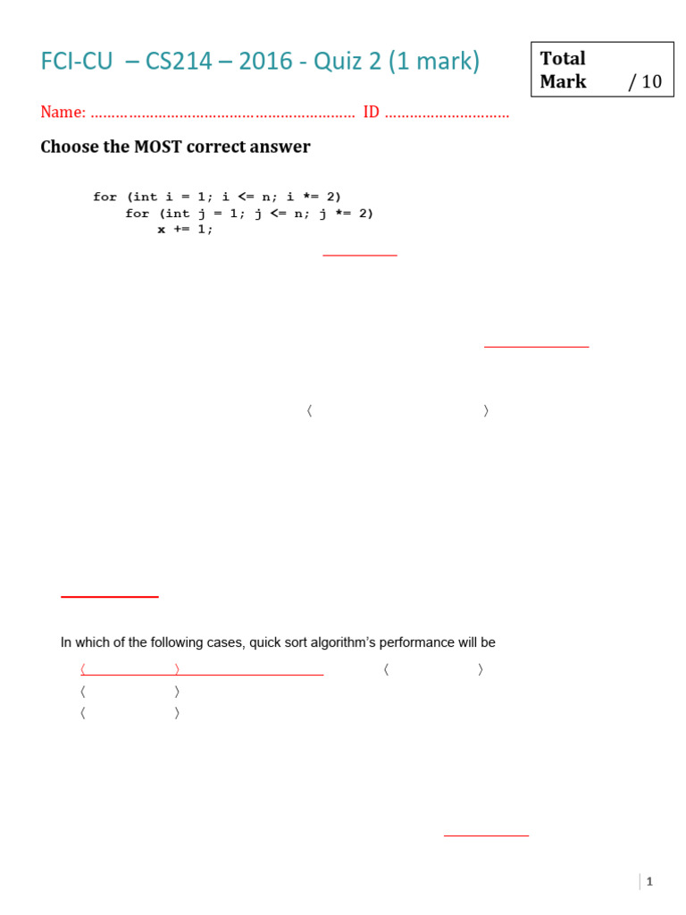 FCI CS214 2016 Quiz2 v2 Answer | PDF | Control Flow | Software Engineering