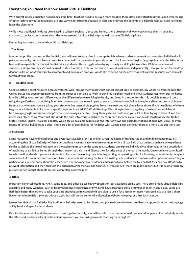 Virtual Fieldtrips for Engaging ESL Learning | PDF | English As A ...