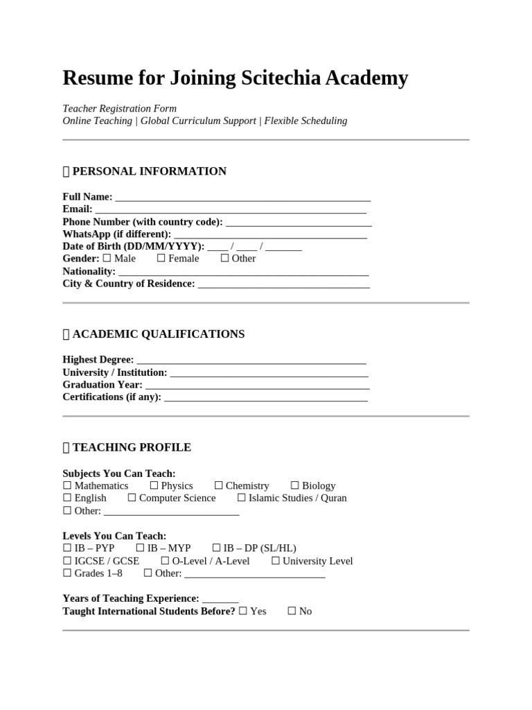 Teacher Registration Form | PDF | Qualifications | Student Assessment ...