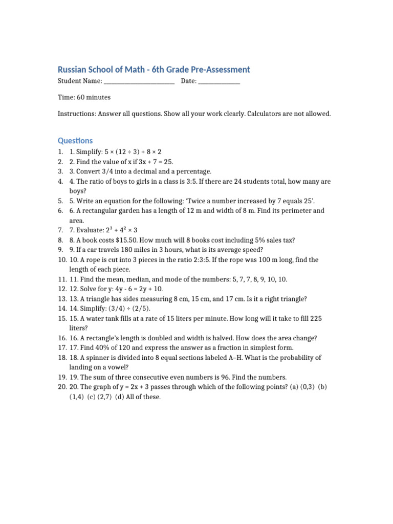 RSM 6th Grade Pre Assessment | PDF