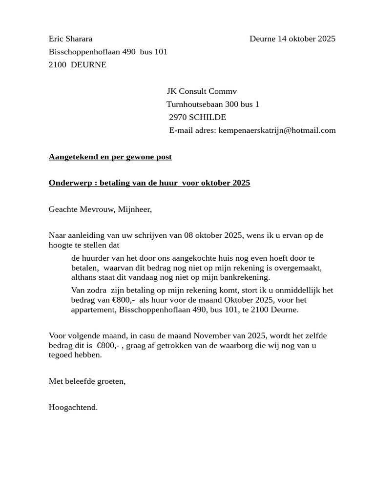 HUISBAAS 2100 Deurne..Aangetekende Brief Aan JK Consult Commv. Schilde. | PDF