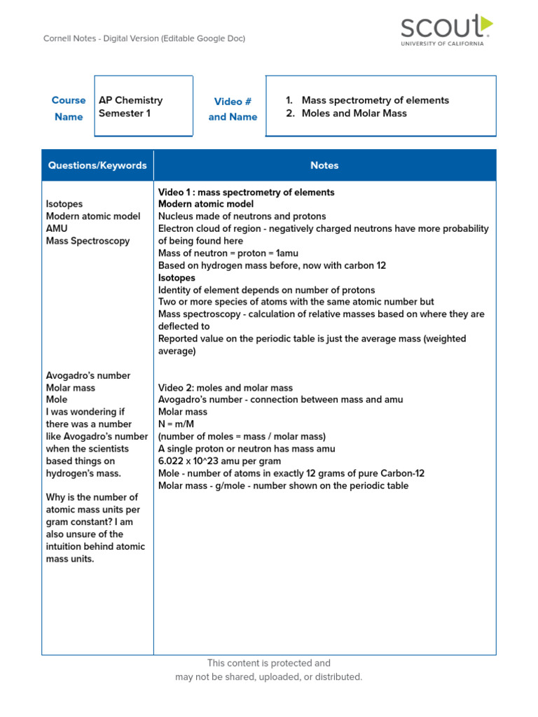 Chemistry Notes: Moles & Mass Spectrometry | PDF | Mole (Unit) | Atoms