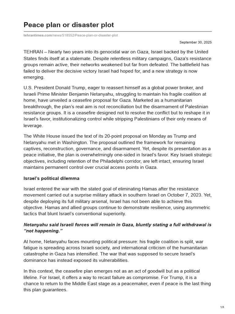 Peace Plan or Disaster Plot | PDF | Gaza Strip | World Politics