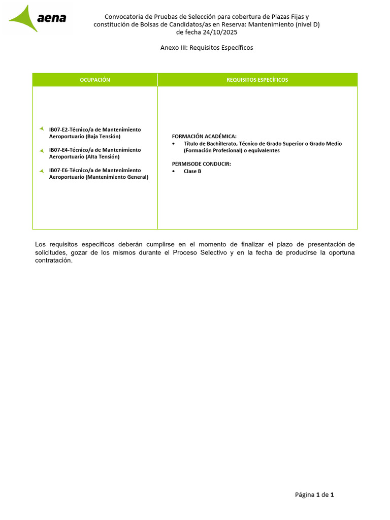 Requisitos para Técnicos de Mantenimiento | PDF