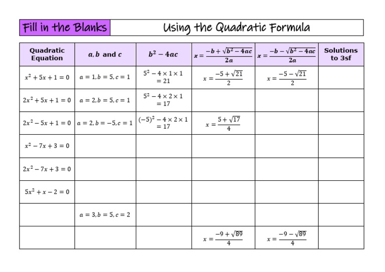Using The Quadratic Formula Fill in The Blanks | PDF