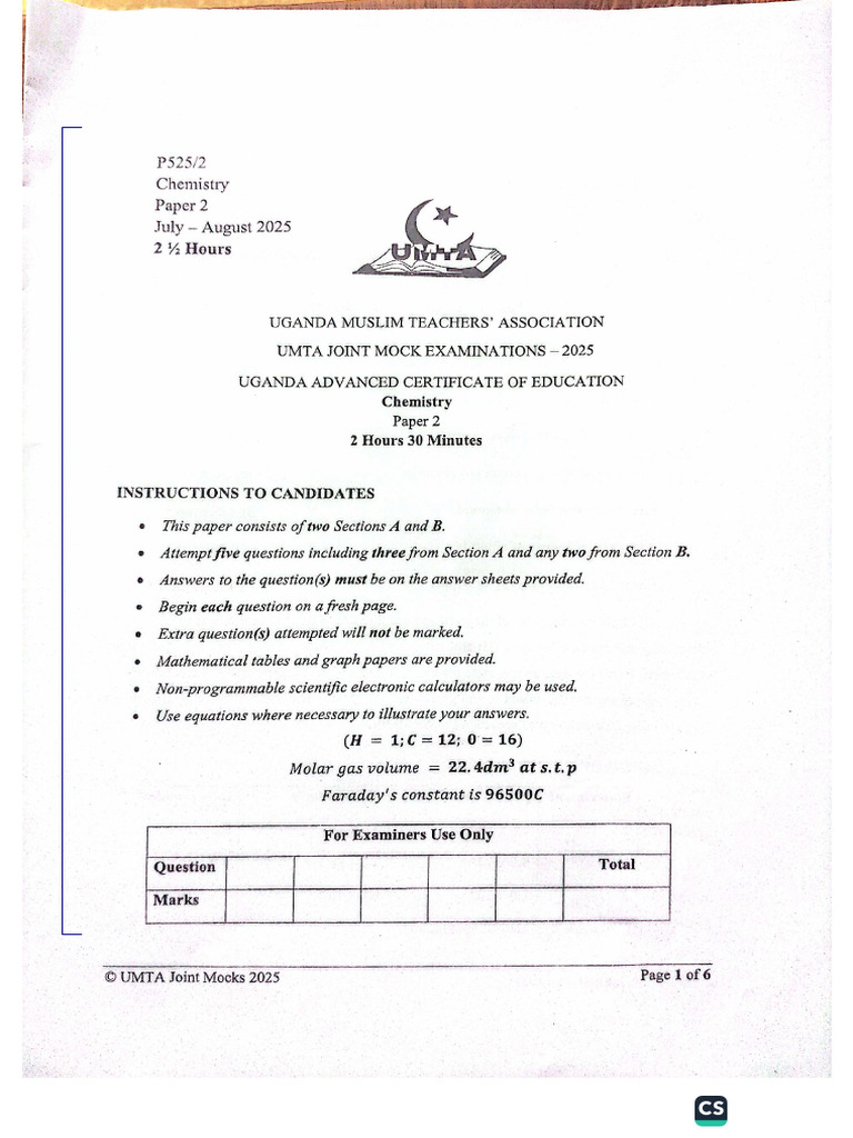 Umta Chemistry Uace 2025 Paper Two. | PDF