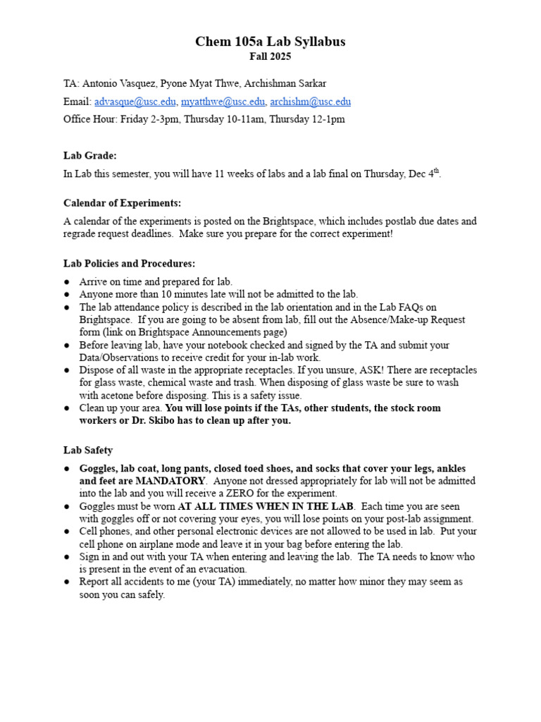 Chem 105a Fall 2025 Lab Syllabus | PDF
