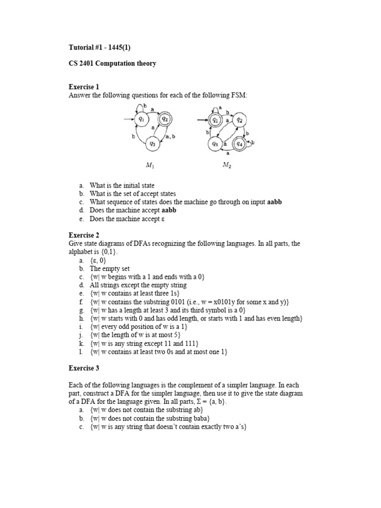CS 2401 Tutorial 1 DFA | PDF