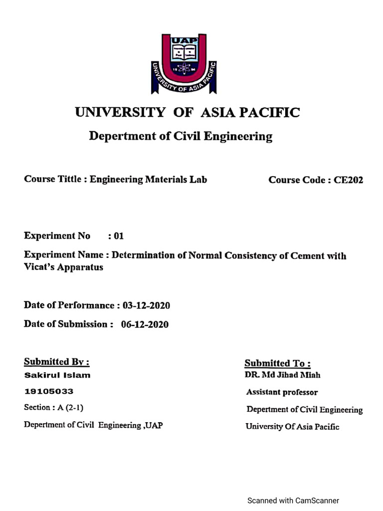 Normal Consistency of Cement With Vicat's Apparatus. (ASTM C187) | PDF