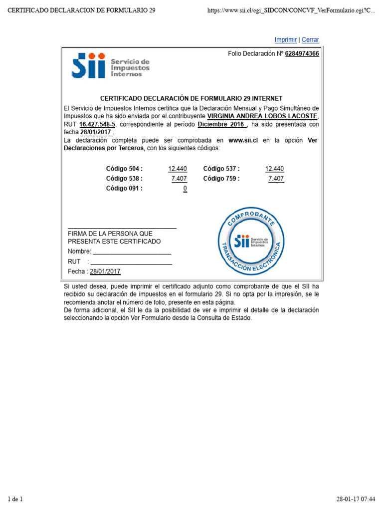 Certificado Declaración Formulario 29 SII | PDF