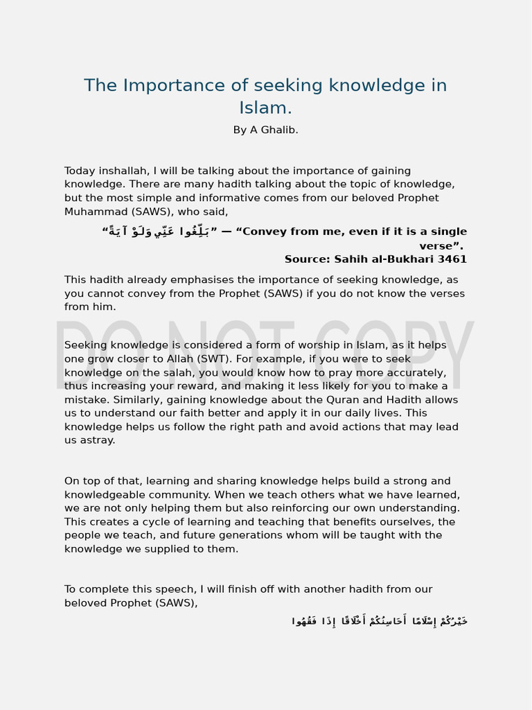 Importance of Knowledge in Islam | PDF