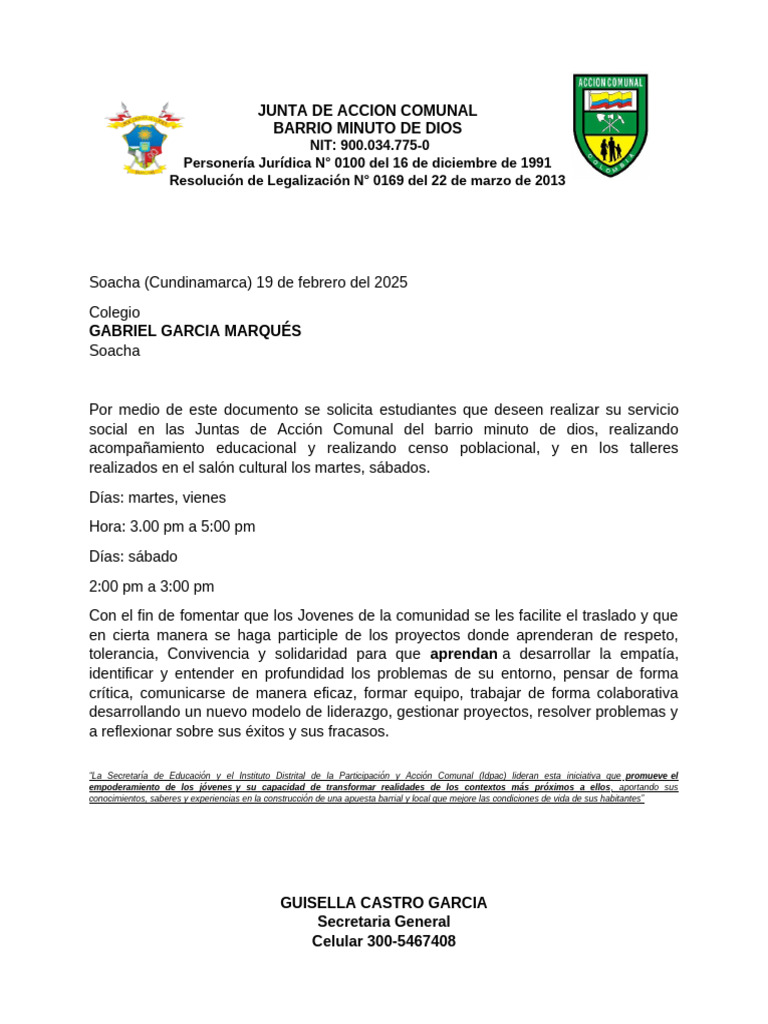 Servicio Social en Junta de Acción Comunal | PDF