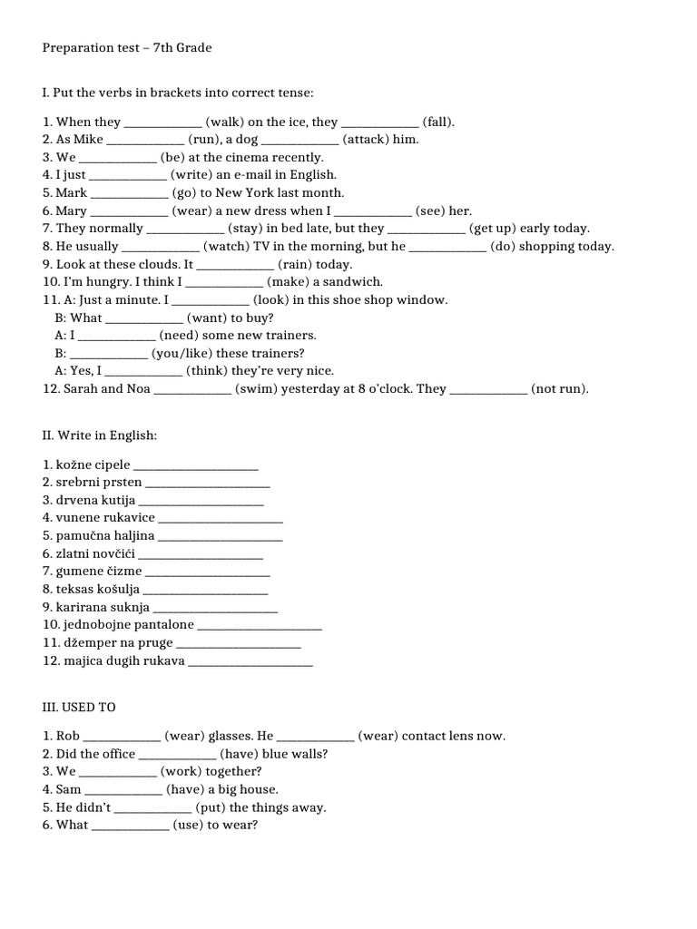7th Grade English Preparation Test | PDF | Fashion | Clothing