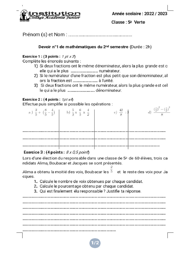 Devoir 1 Maths 2nd Semestre 5è Verte_Phoenix | PDF