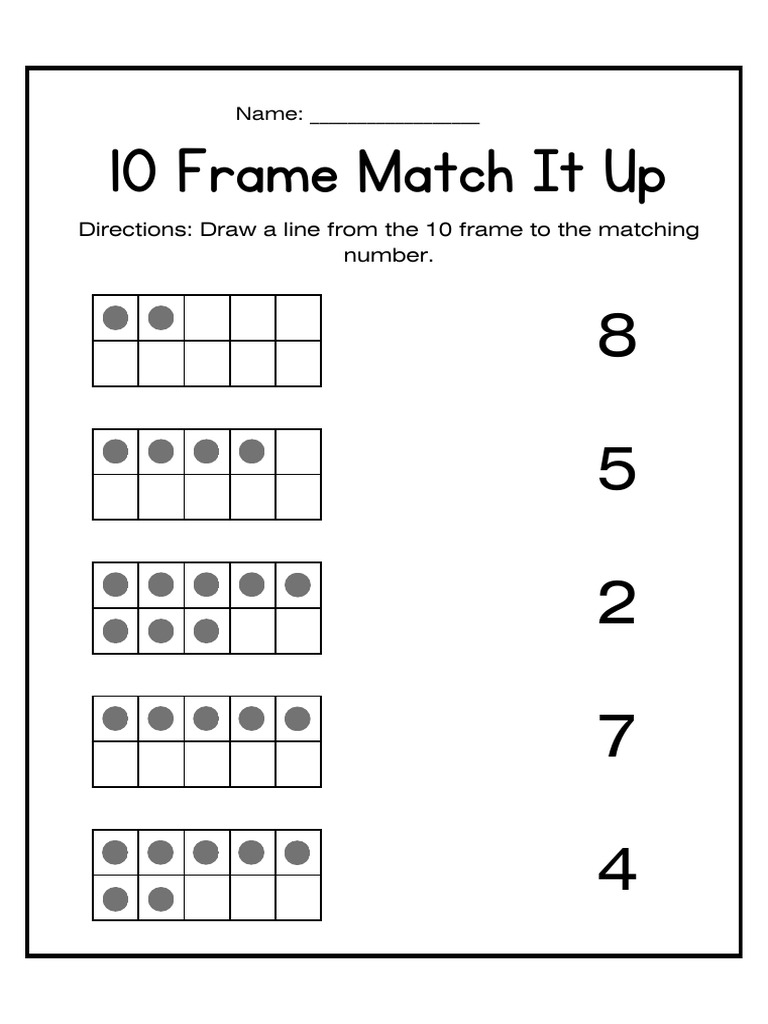 Kindergarten Numbers and Counting 10 Frames Matching Game Worksheet in ...