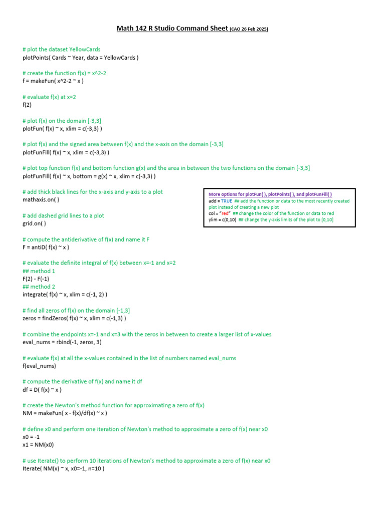 R Studio Commands for Math 142 | PDF | Function (Mathematics) | Calculus