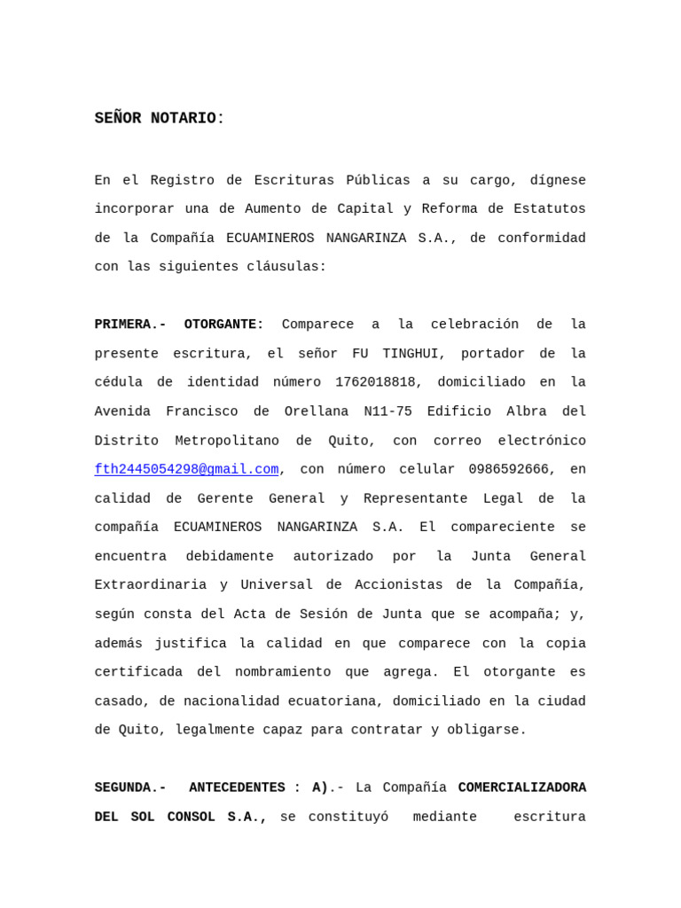Aumento de Capital de Comercializadora Del Sol Consol S. A. | PDF