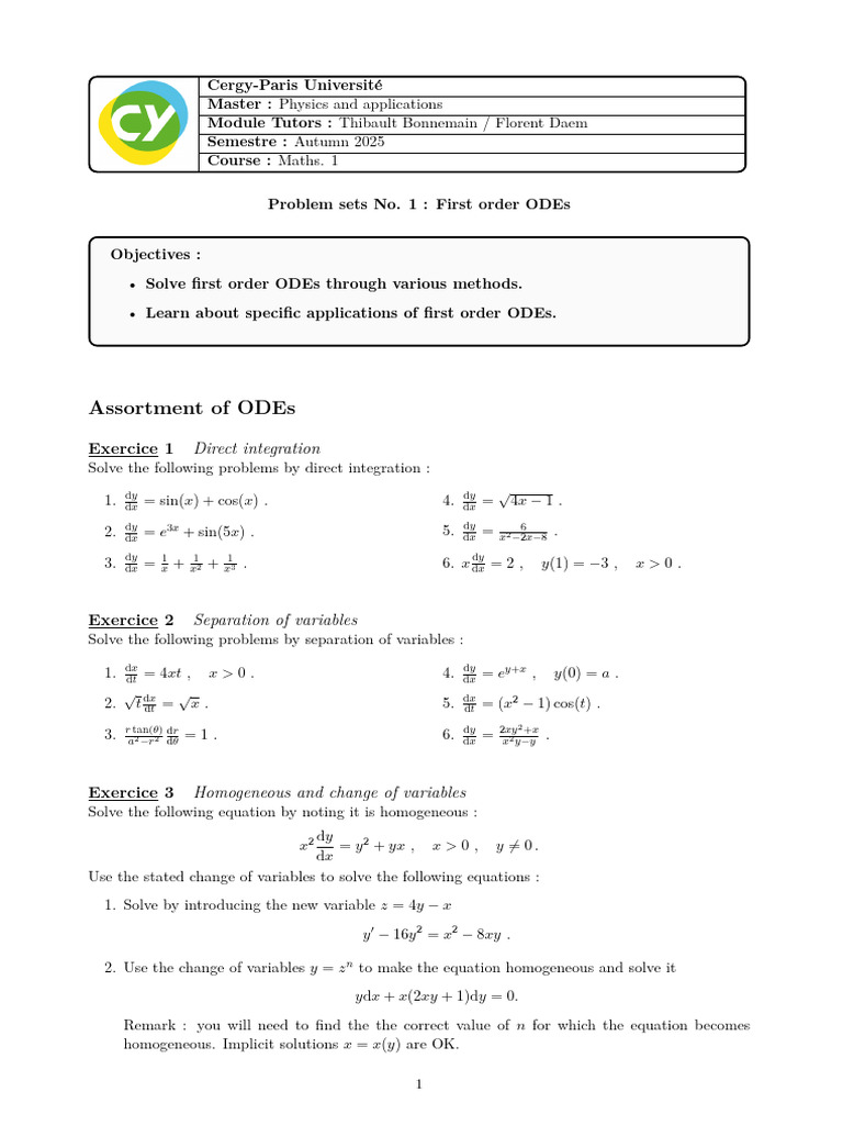 First Order ODE Problem Sets for Physics | PDF | Ordinary Differential ...