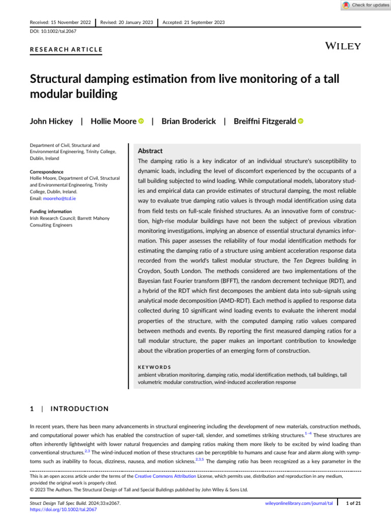 Art2b 2023 - Hickey - Structural Damping Estimation From Live Monitoring of A Tall Modular | PDF ...