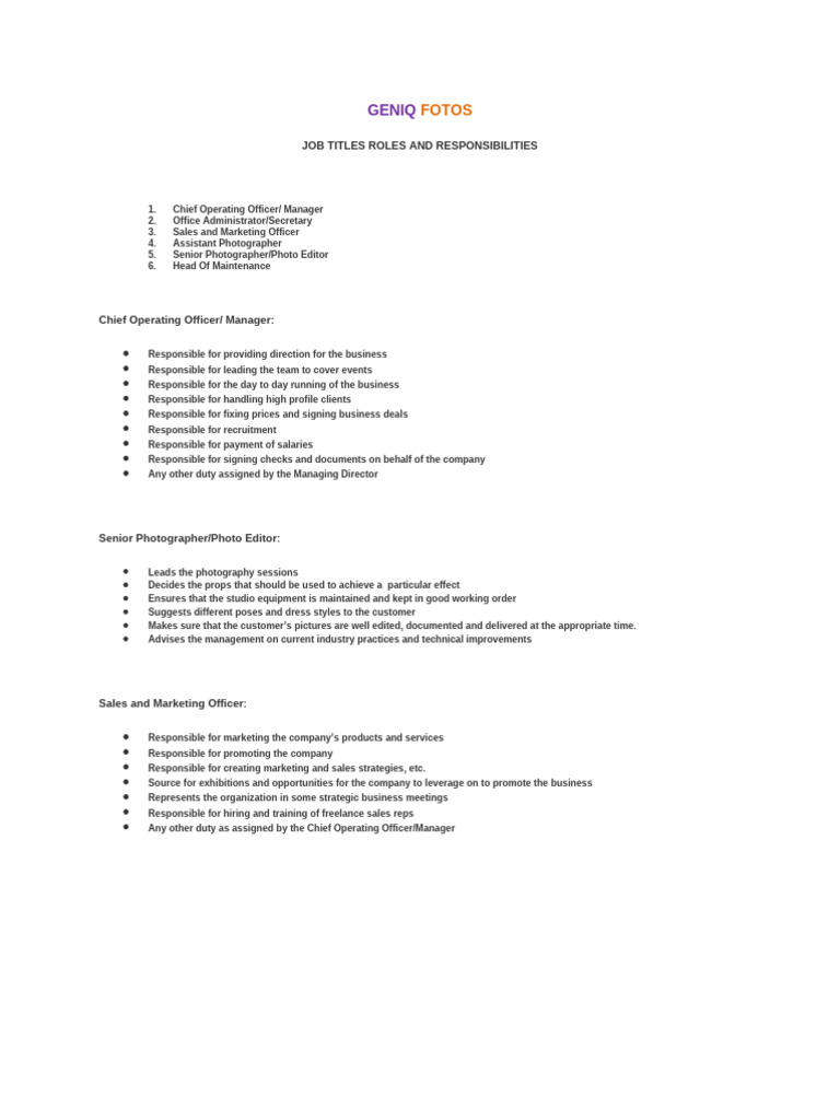 GENIQ FOTOS Job Roles Overview | PDF | Photographer | Sales