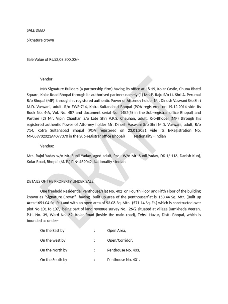 SALE DEED Draft Sig - CRN 402 | PDF | Taxes | Property Tax