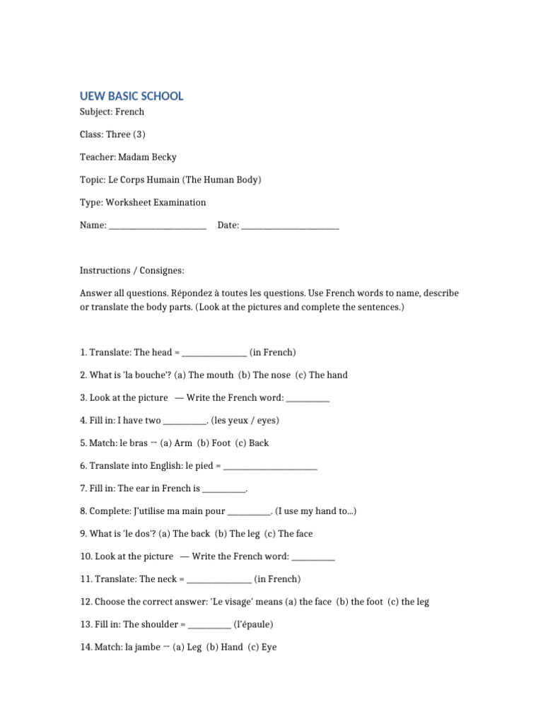 UEW BASIC SCHOOL Class3 French Worksheet Le Corps Humain | PDF