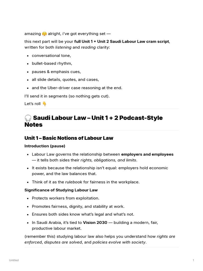 Saudi Labour Law Units 1 & 2 Overview | PDF | Labour Law | Employment