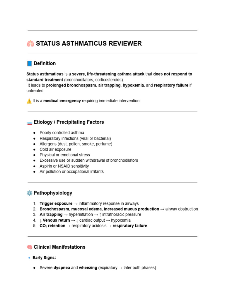 ? Status Asthmaticus Reviewer | PDF | Asthma | Physiology