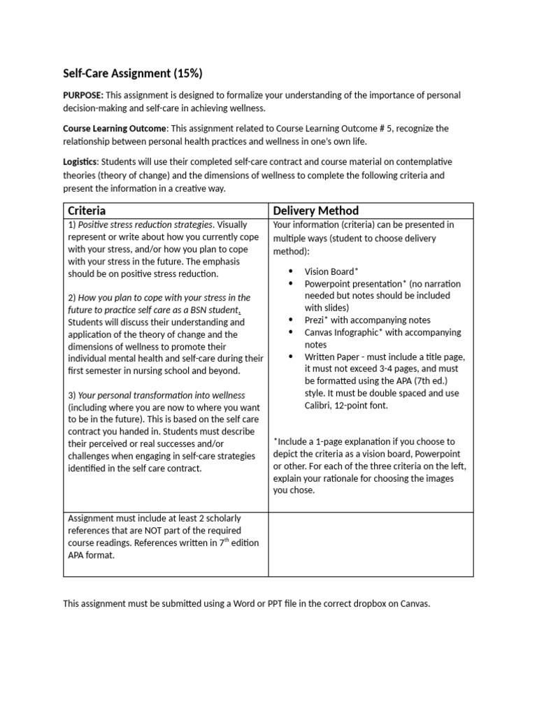Self-Care Assignment OUTLINE + RUBRIC | PDF | Microsoft Power Point ...