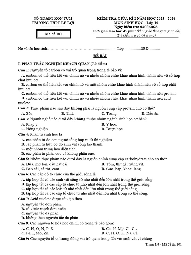 De Giua Ki 1 Sinh Hoc 10 Nam 2023 2024 Truong Thpt Le Loi Kon Tum | PDF