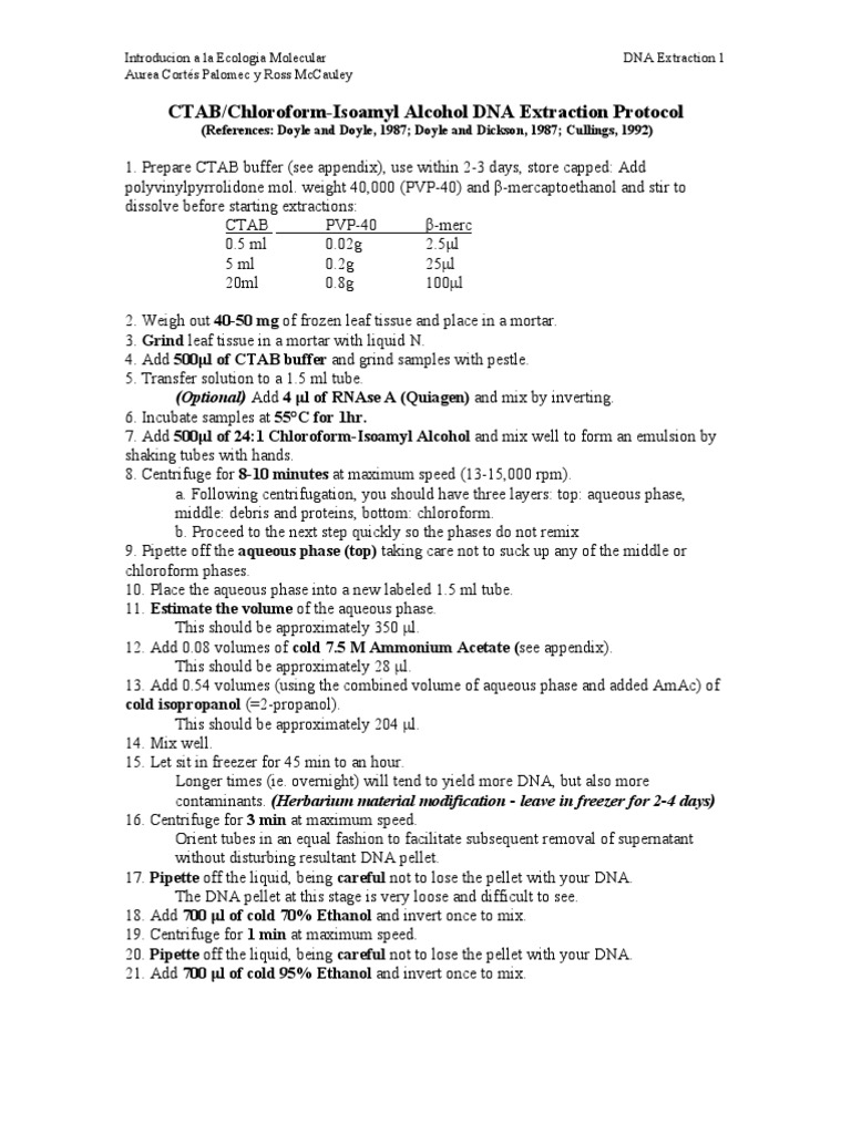 CTAB DNA Extraction | PDF | Chemical Substances | Chemistry