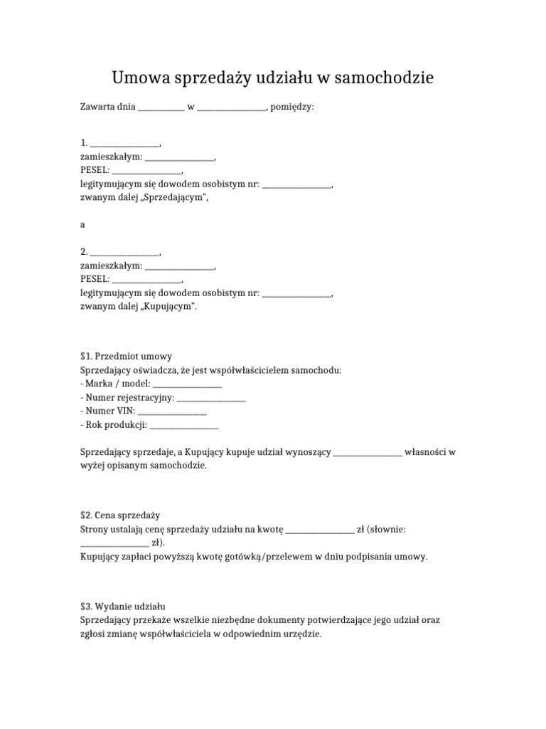 Umowa Sprzedazy Udzialu W Samochodzie | PDF