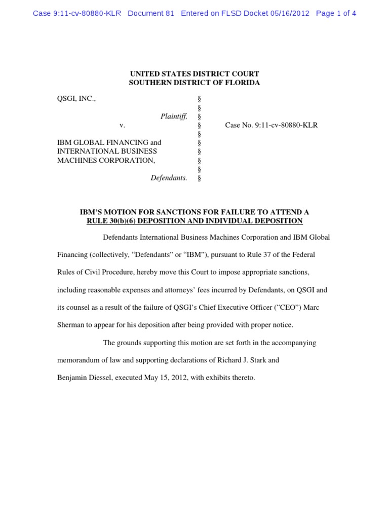 IBM- Motion for Sanctions for Failure to Attend Rule 30(b)(6 ...