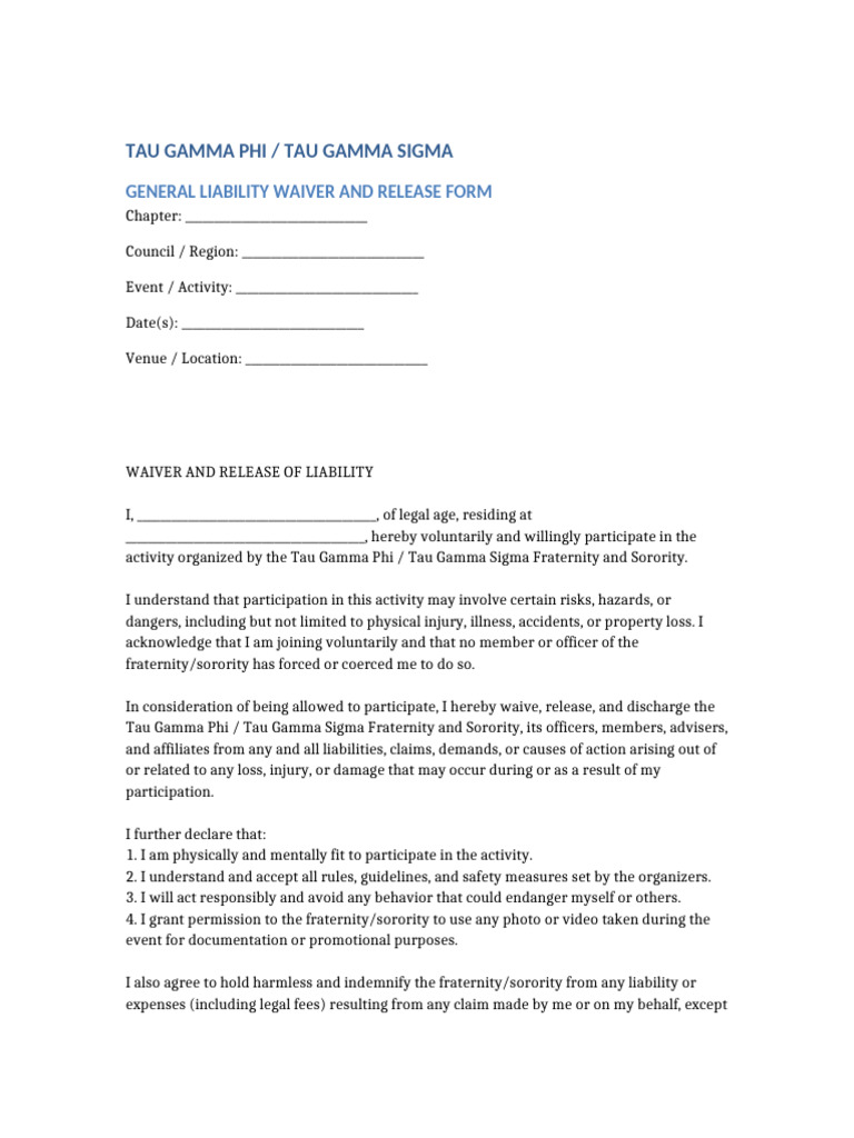 Tau Gamma Phi General Liability Waiver | PDF | Fraternities And Sororities | Indemnity