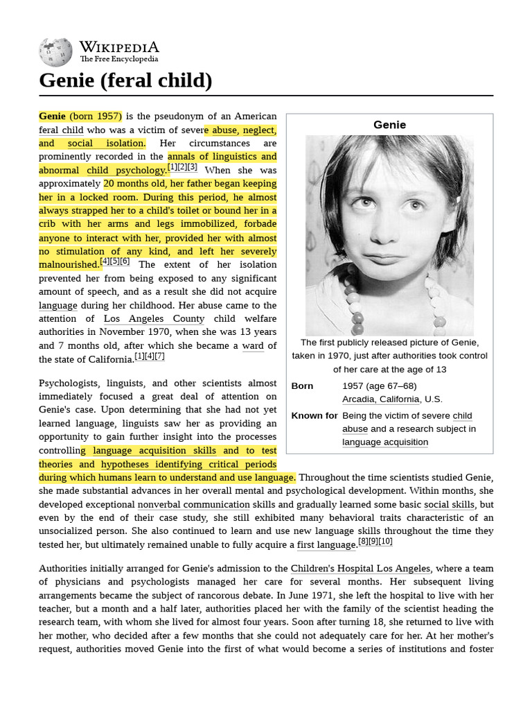 The Tragic Story of Genie the Feral Child | PDF | Psychological ...