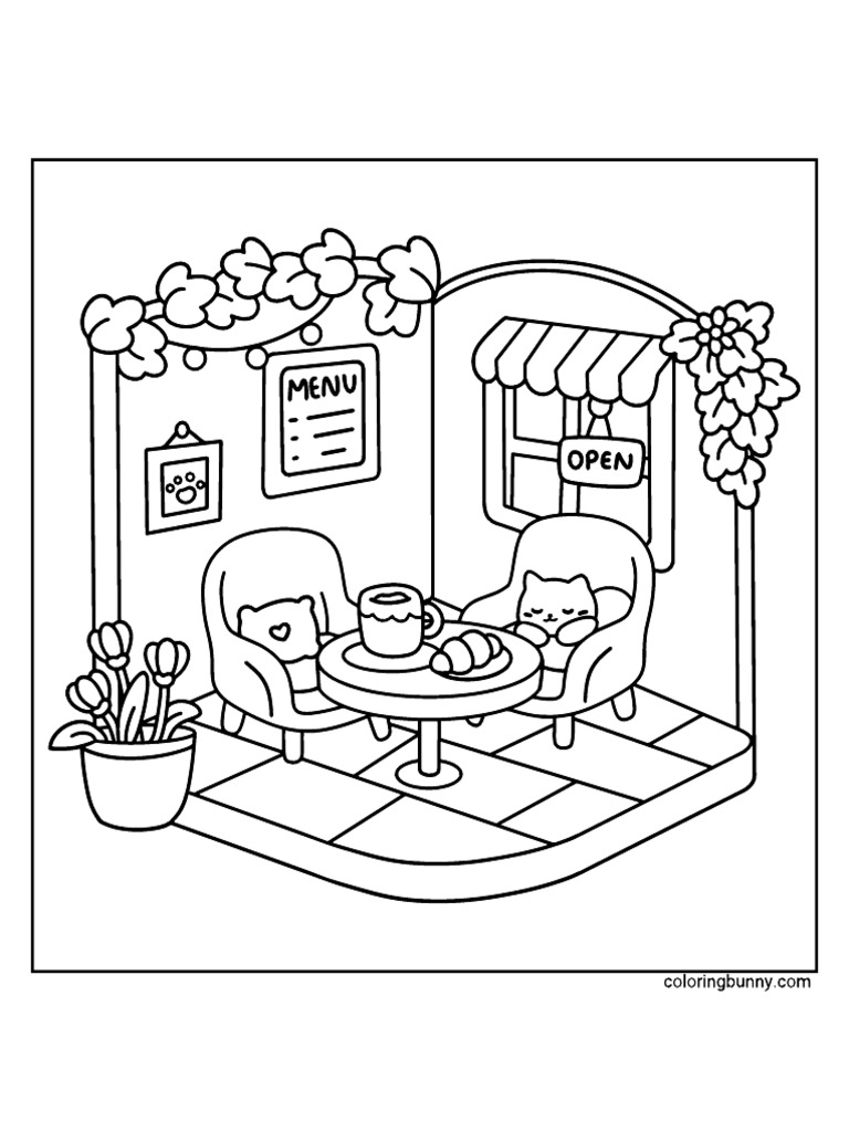 Cozy Coffee Shop Corner Coloring Page 2 | PDF