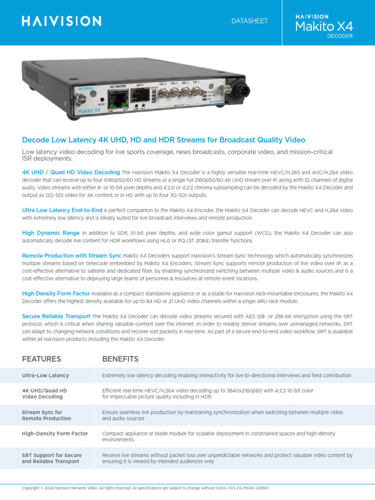 Datasheet Haivision Makito x4 Decoder | PDF | Computing | Broadcast Engineering