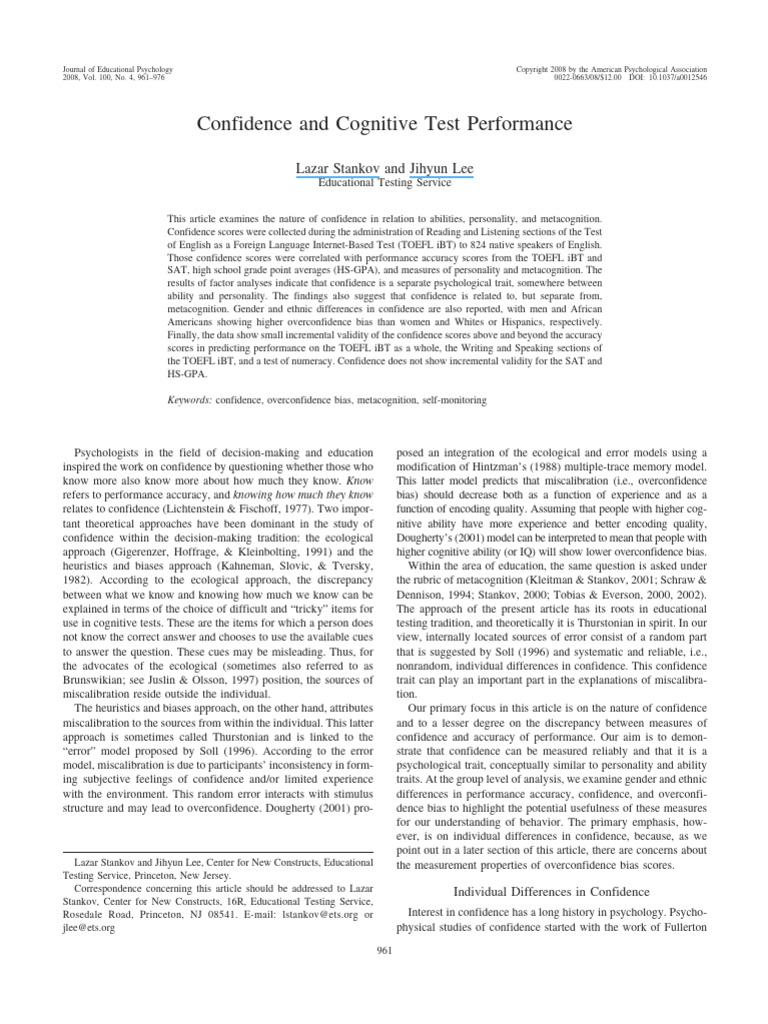 Confidence and Cognitive Test Performanc | PDF | Metacognition ...